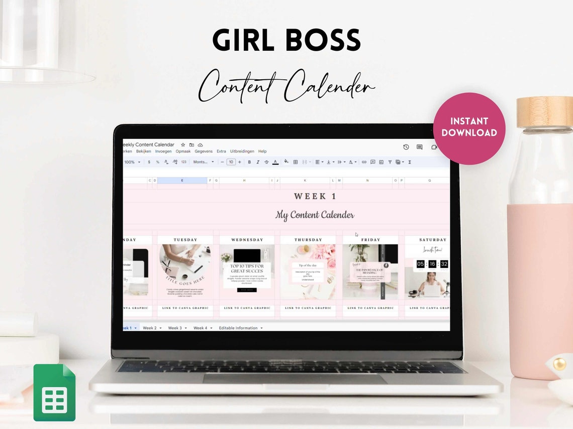 Girl Boss Social Media Content Calendar, Social Media Content Planner ...