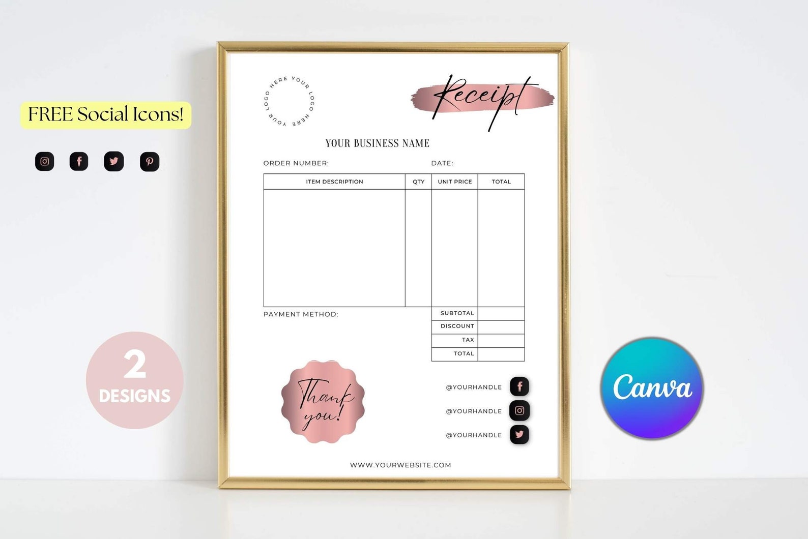 Dark Rose Gold Canva Receipt Template for Small Business| Small ...