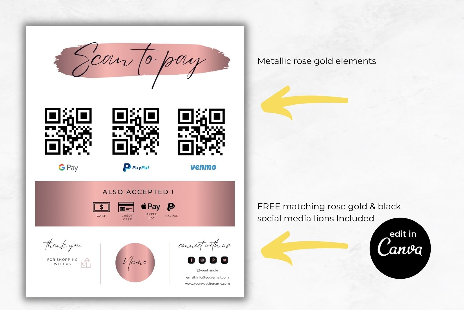 Dark Rose Gold Editable QR Code Sign Canva Template, Printable Scan to ...