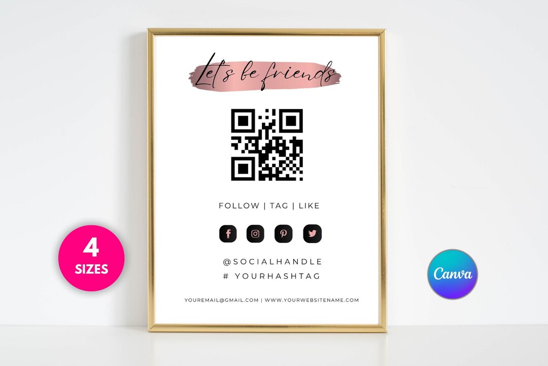 Rose Gold Social Media QR Code Sign Template, Small Business Custom QR ...
