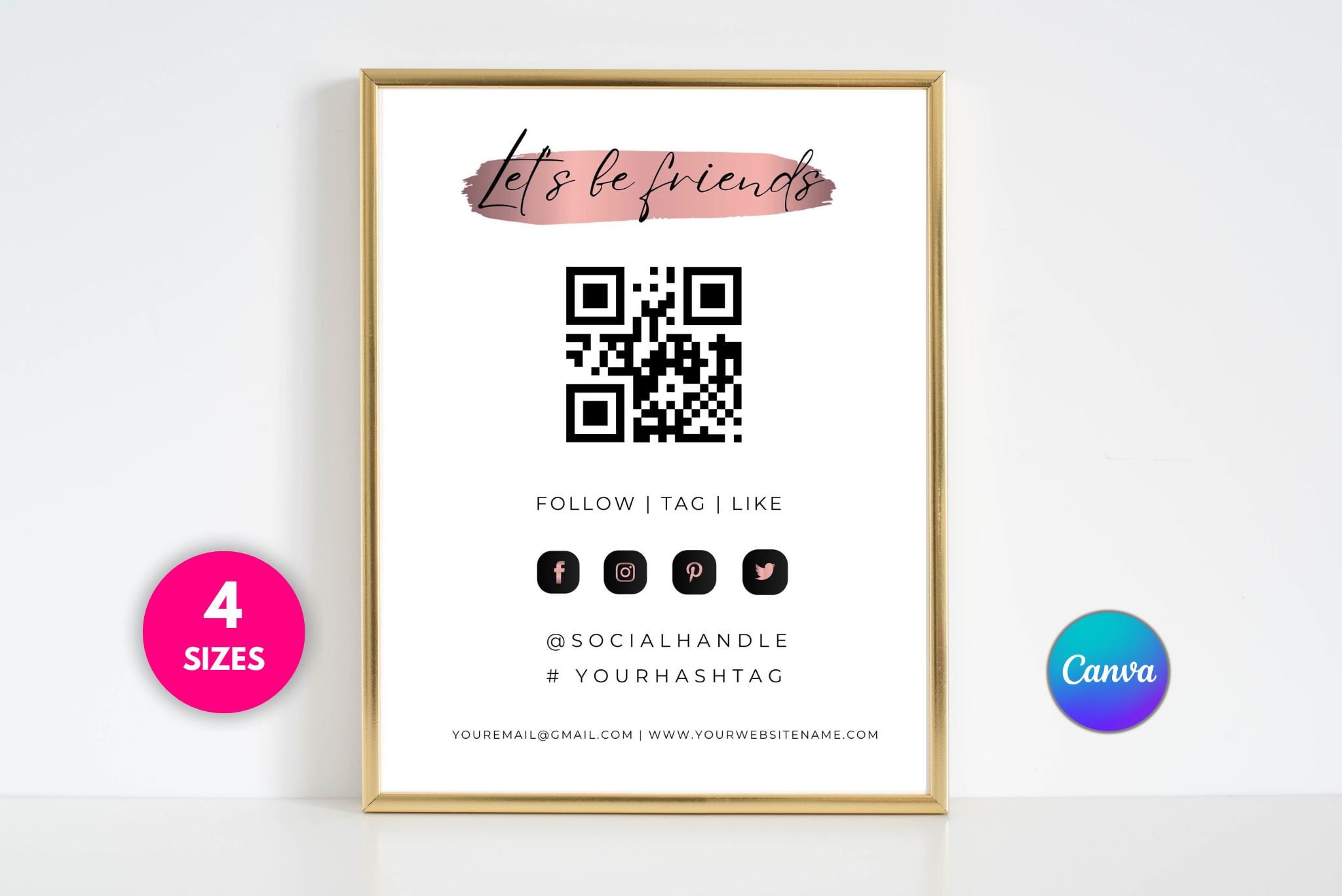 Rose Gold Social Media QR Code Sign Template, Small Business Custom QR ...