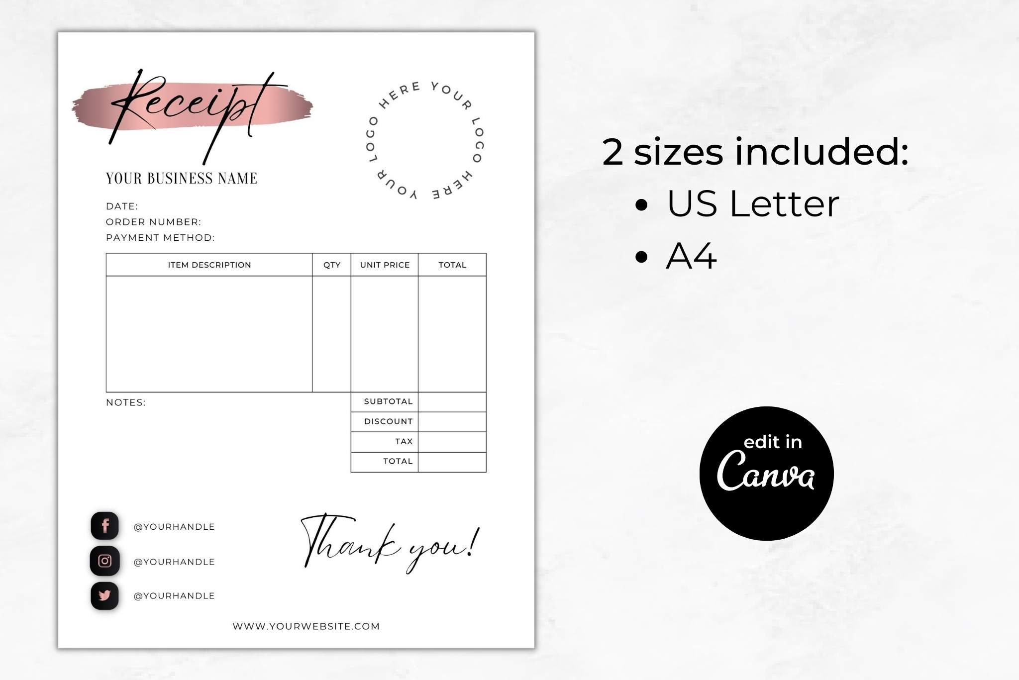 Dark Rose Gold Canva Receipt Template for Small Business| Small ...