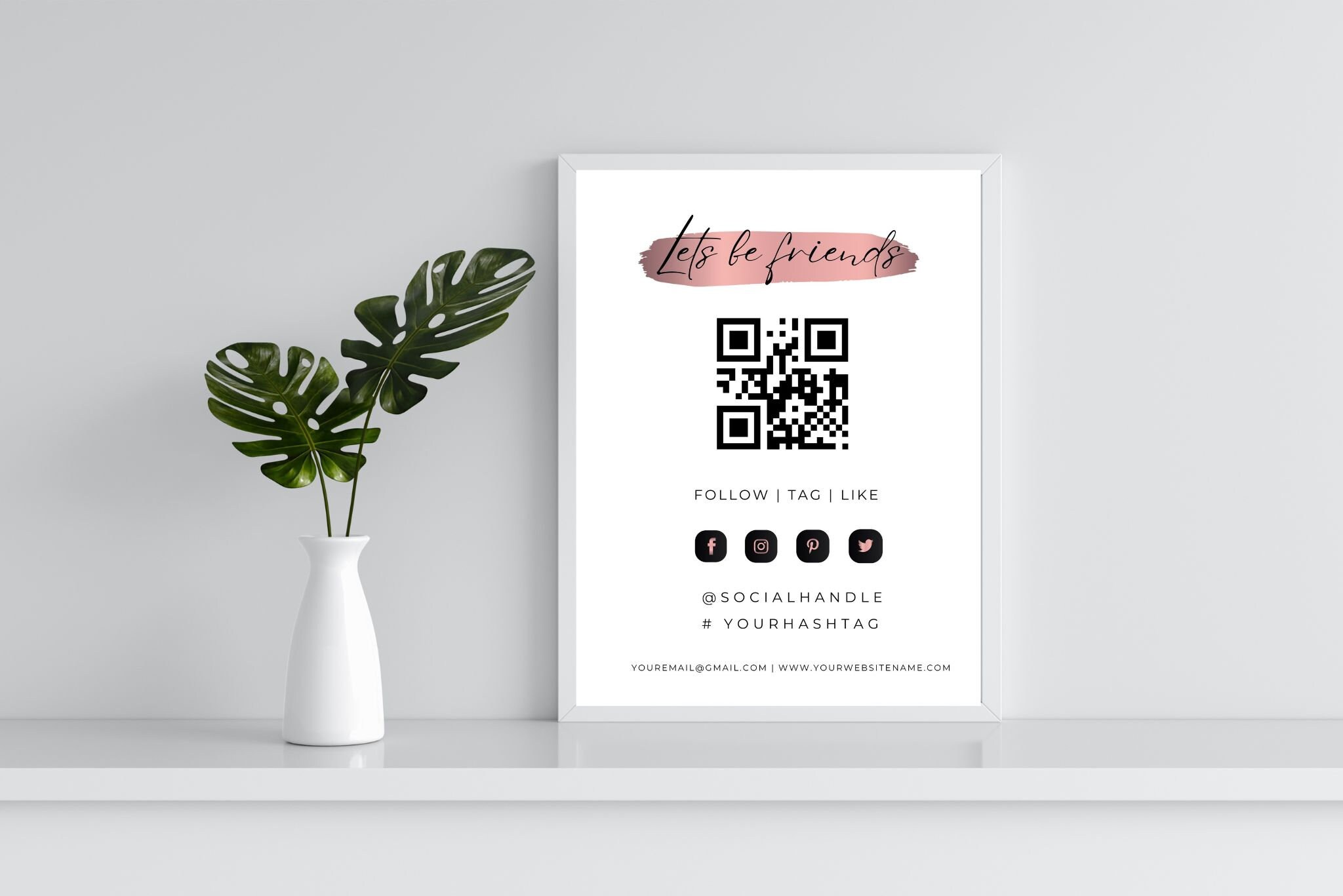 Rose Gold Social Media QR Code Sign Template, Small Business Custom QR ...