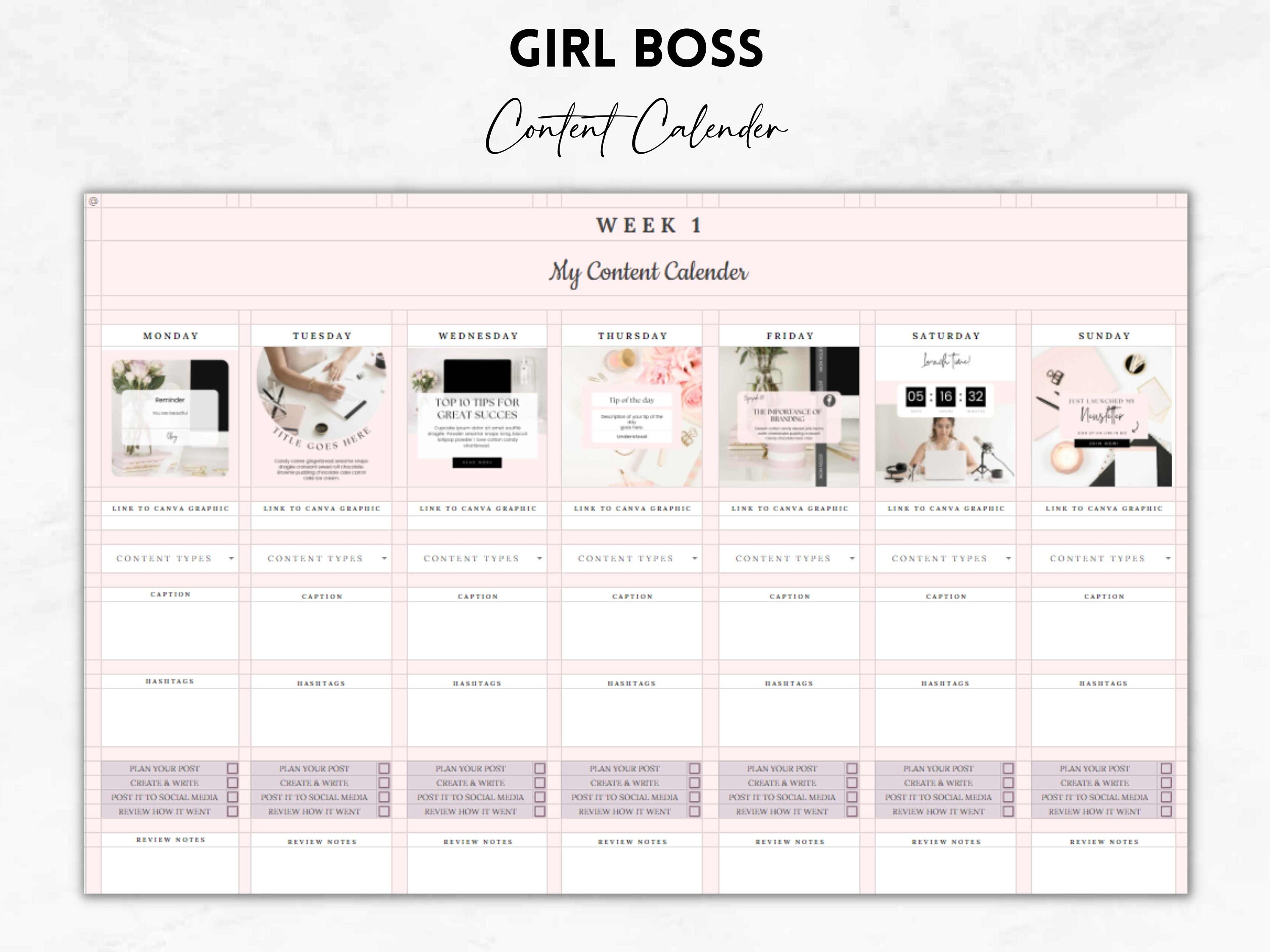 Girl Boss Social Media Content Calendar, Social Media Content Planner ...