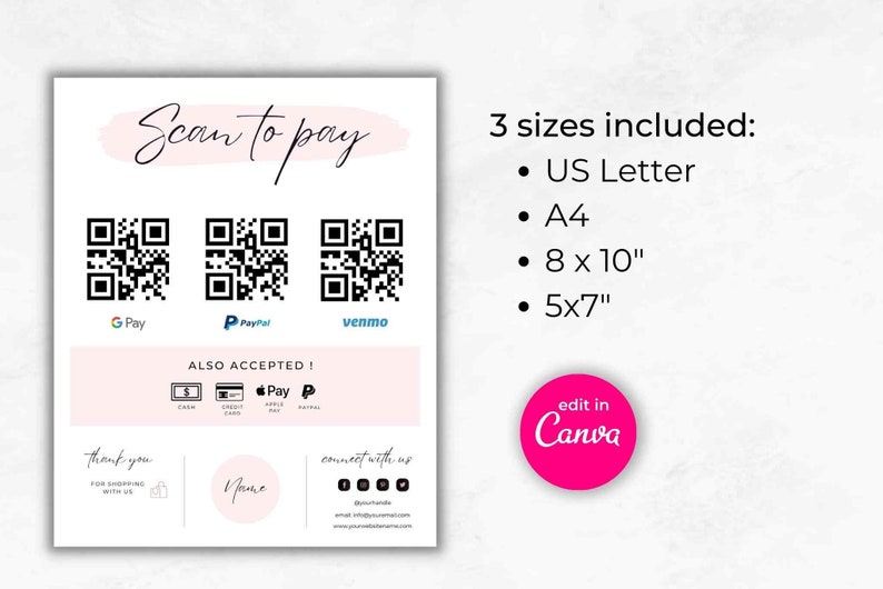 Blush Pink Editable QR Code Sign Canva Template, Printable Scan to Pay ...