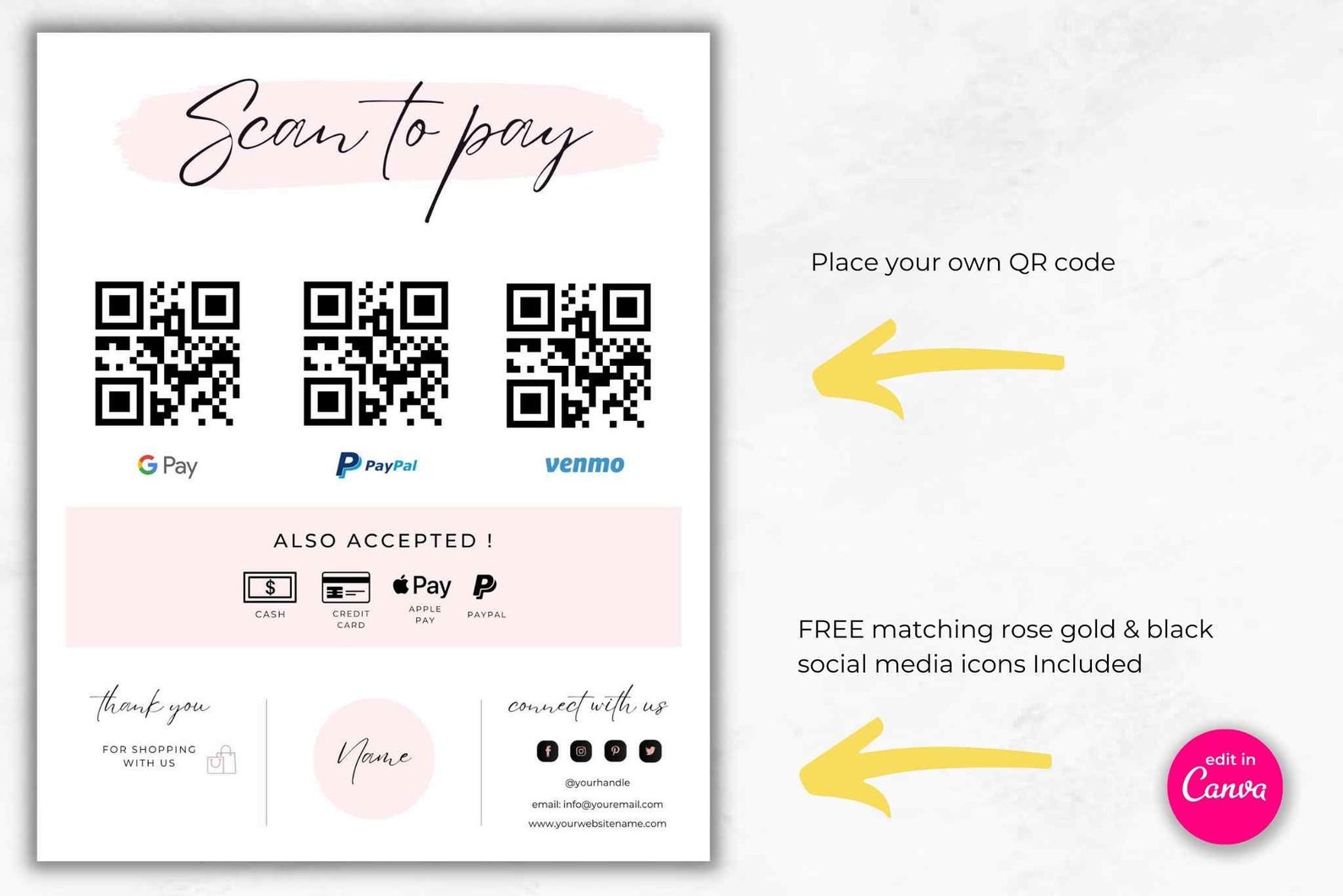 Blush Pink Editable QR Code Sign Canva Template, Printable Scan to Pay ...