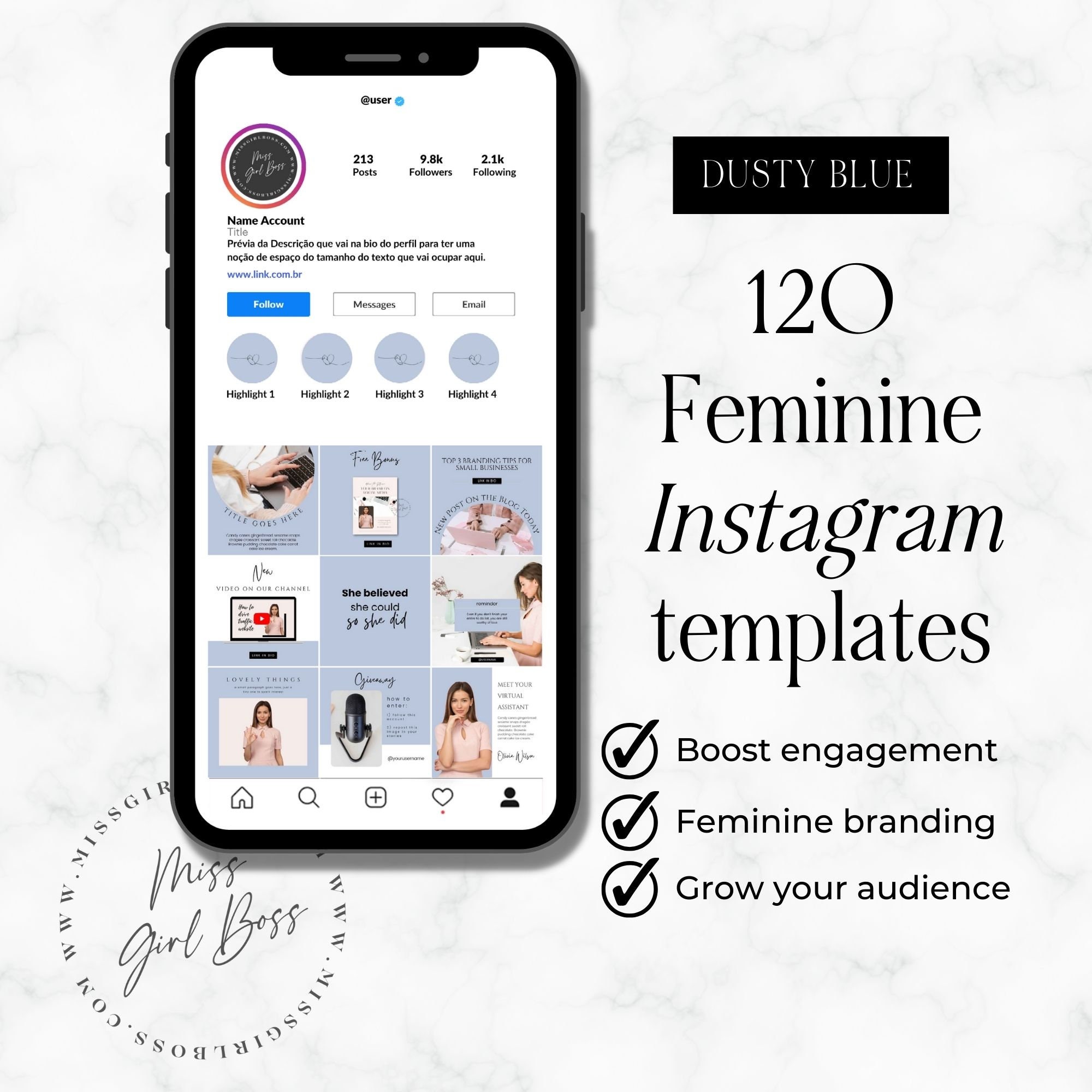 Feminine Instagram Post Templates in Dutsy Blue Perfect for Bloggers ...