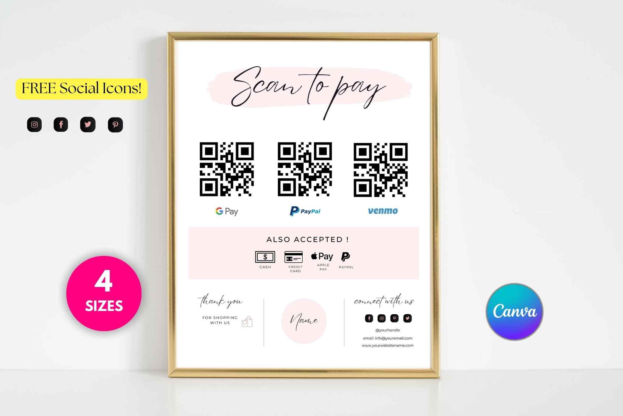 Blush Pink Editable QR Code Sign Canva Template, Printable Scan to Pay ...