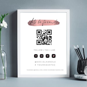 Rose Gold Social Media QR Code Sign Template, Small Business Custom QR ...