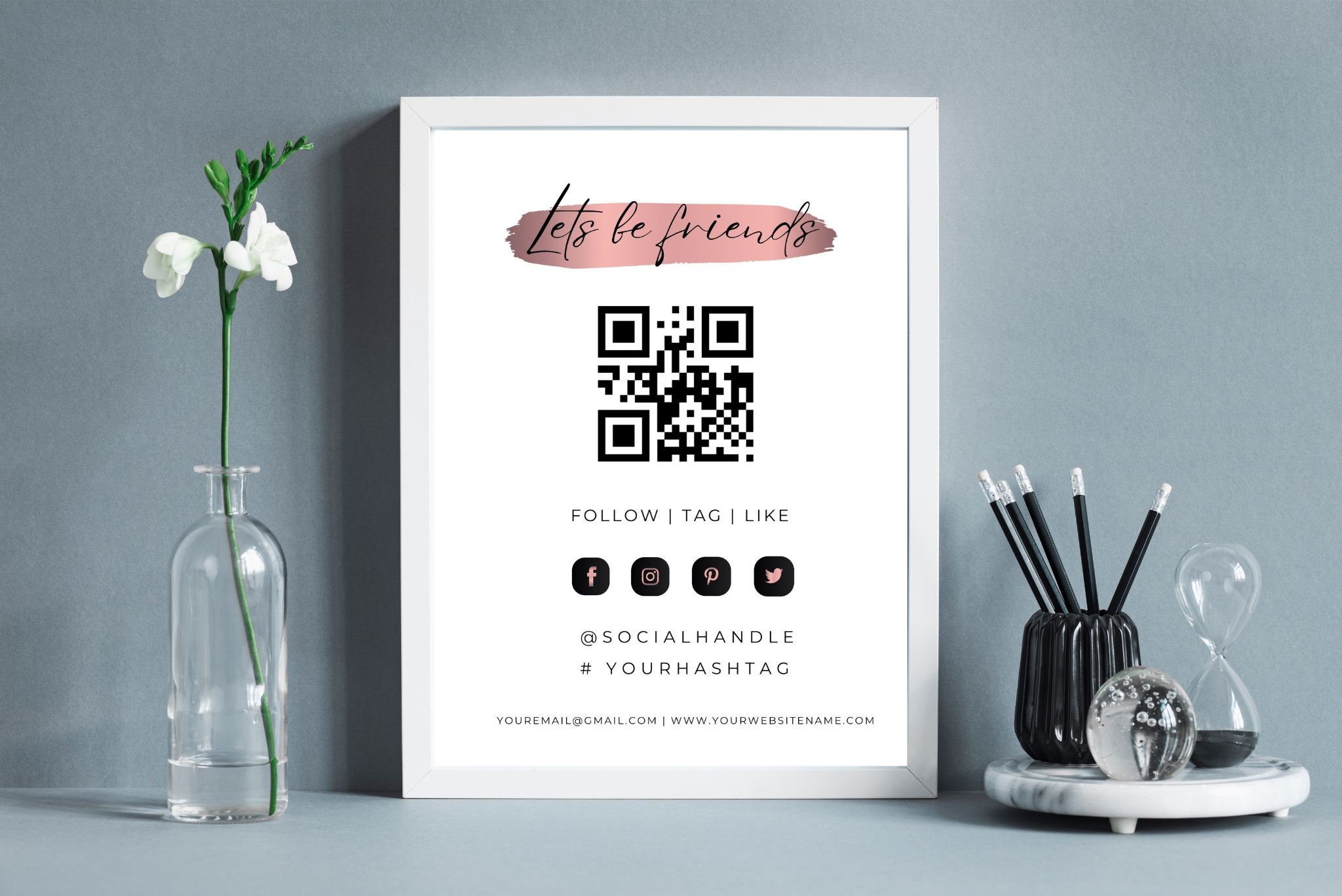Rose Gold Social Media QR Code Sign Template, Small Business Custom QR ...
