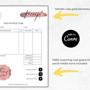 Dark Rose Gold Canva Receipt Template for Small Business| Small ...