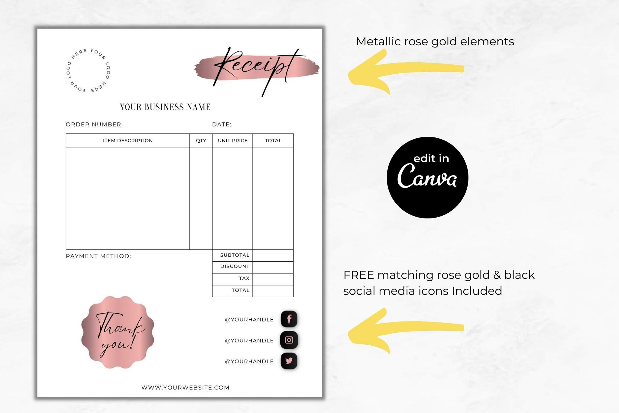Dark Rose Gold Canva Receipt Template for Small Business| Small ...