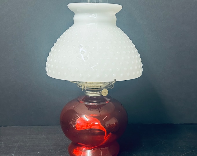 Vintage Red Glass Kerosene Oil Lamp W/white Milk Hobnail Glass Shade ...