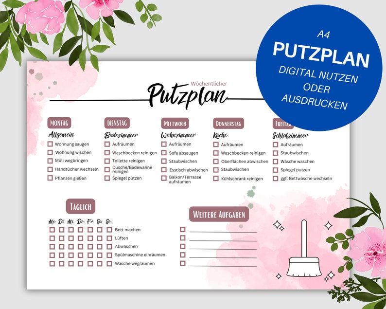 Wöchentlicher Putzplan - DIGITAL nutzen oder AUSDRUCKEN - deutsch - Etsy.de