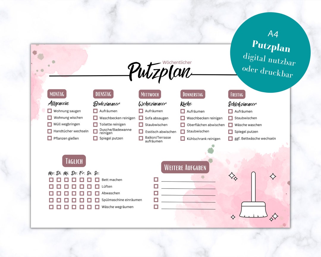 Wöchentlicher Putzplan DIGITAL nutzen oder AUSDRUCKEN - Etsy.de