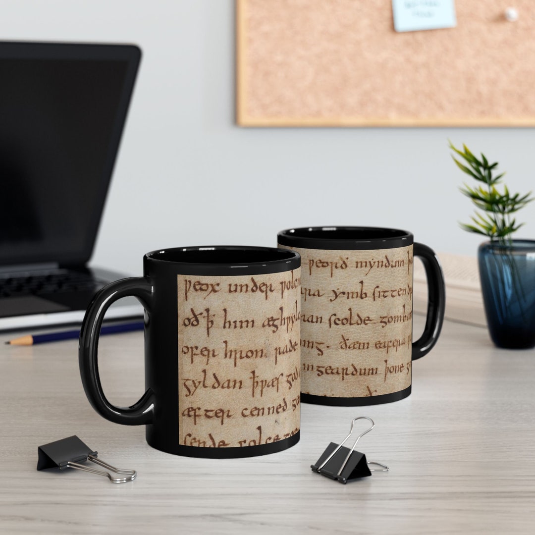 Beowulf Original Text (nowell Codex) Black Ceramic Mug History/literary ...
