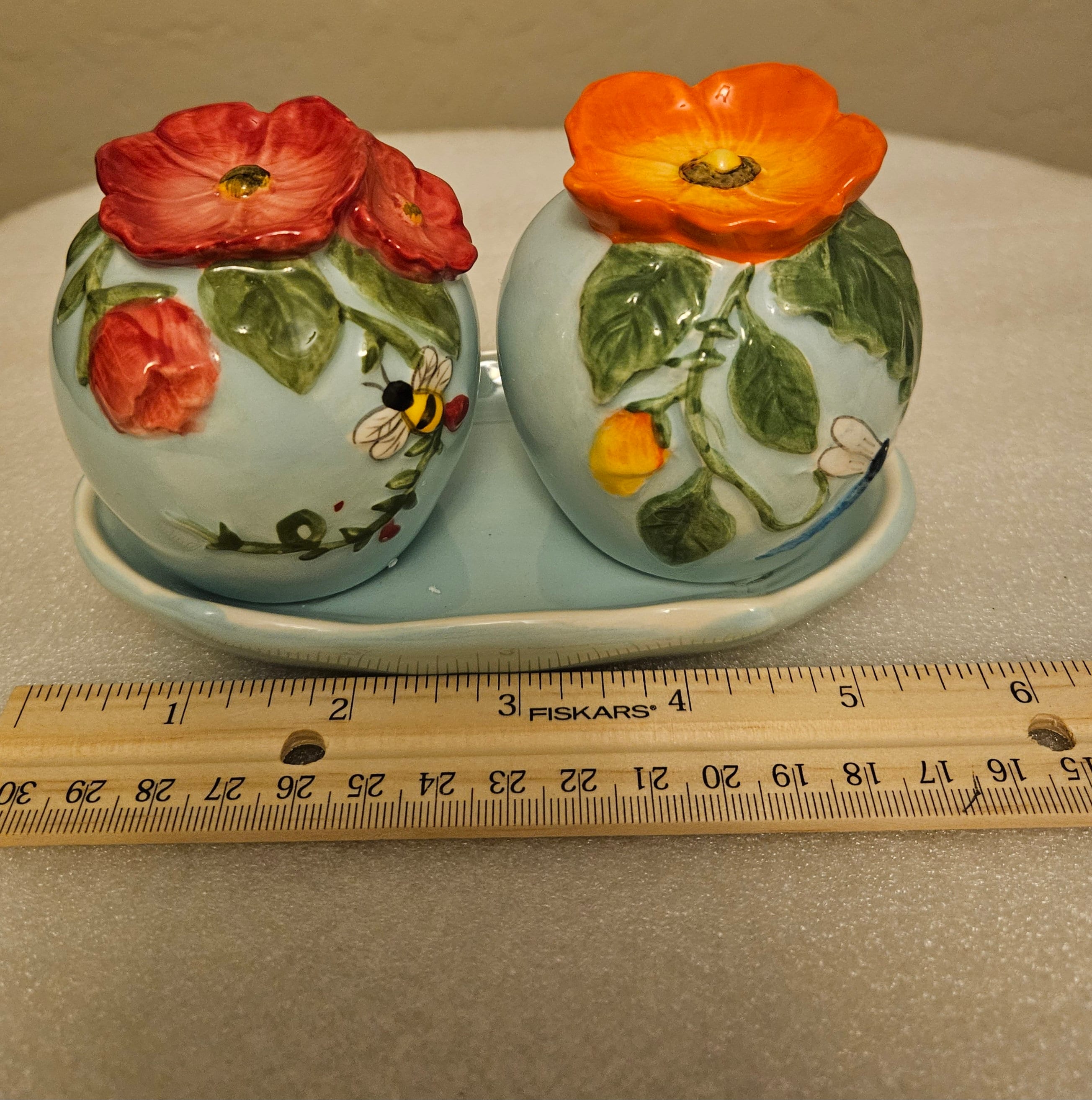 Blue Sky Clayworks Blue With Red and Orange Flowers Salt and Pepper ...