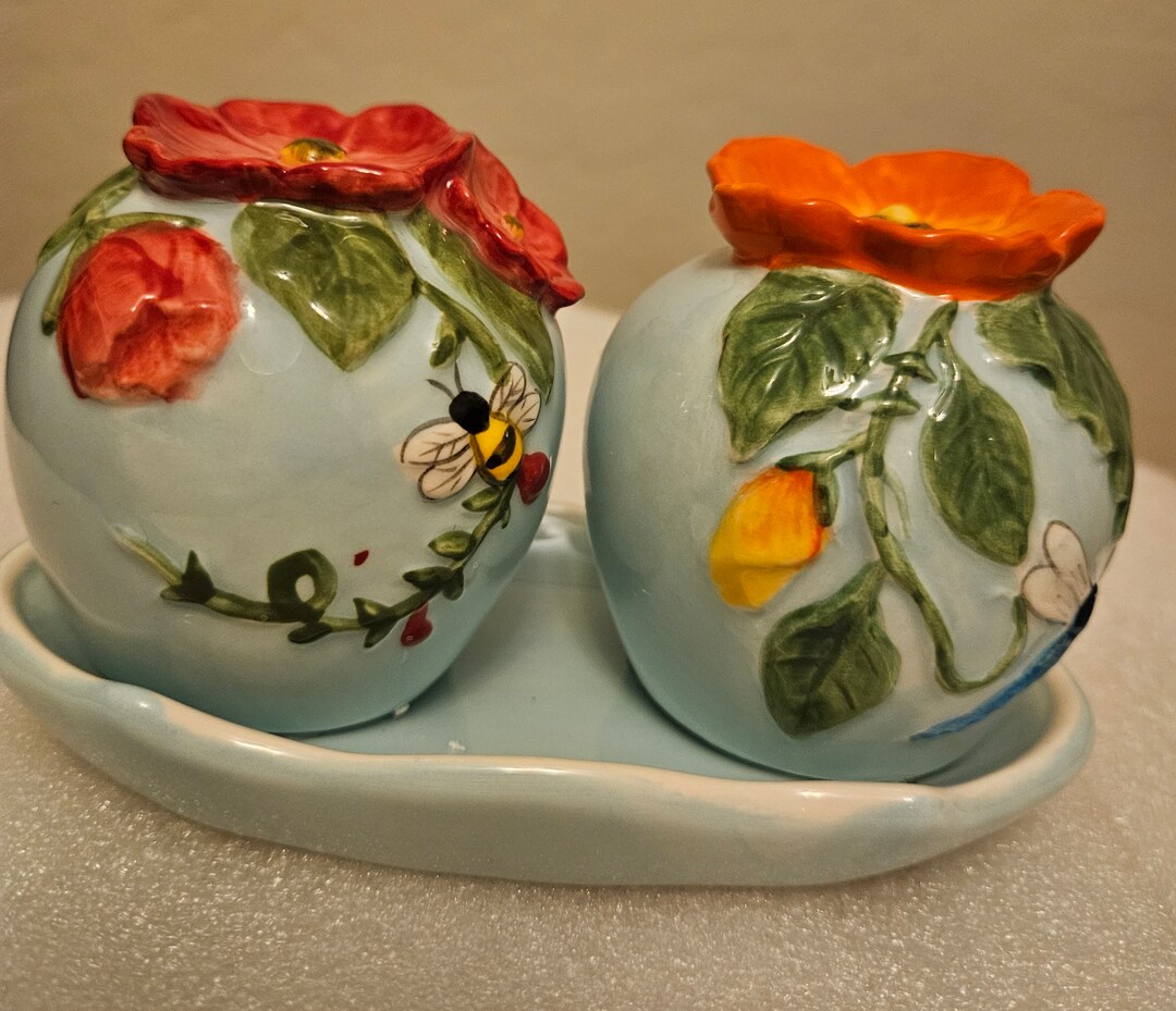Blue Sky Clayworks Blue With Red and Orange Flowers Salt and Pepper ...