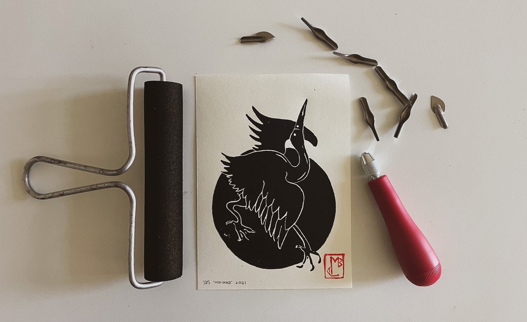 Crane Linocut Print. Japanese-inspired Bird Art. Black Limited Edition ...