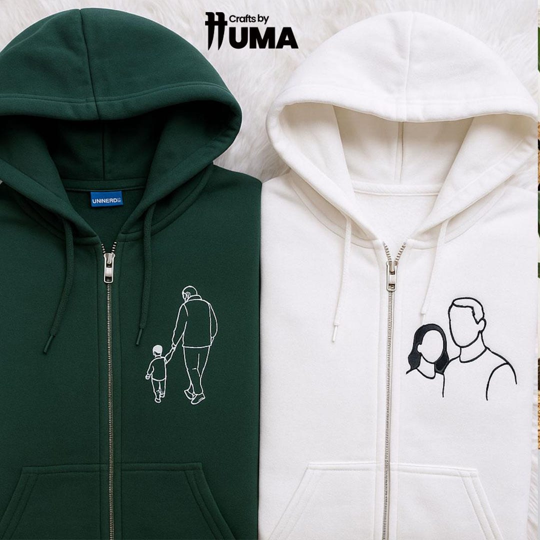 Personalised Portrait From Photo Zip up Hoodie, Embroidered Family Outline Sketch Hoodie, Custom ...