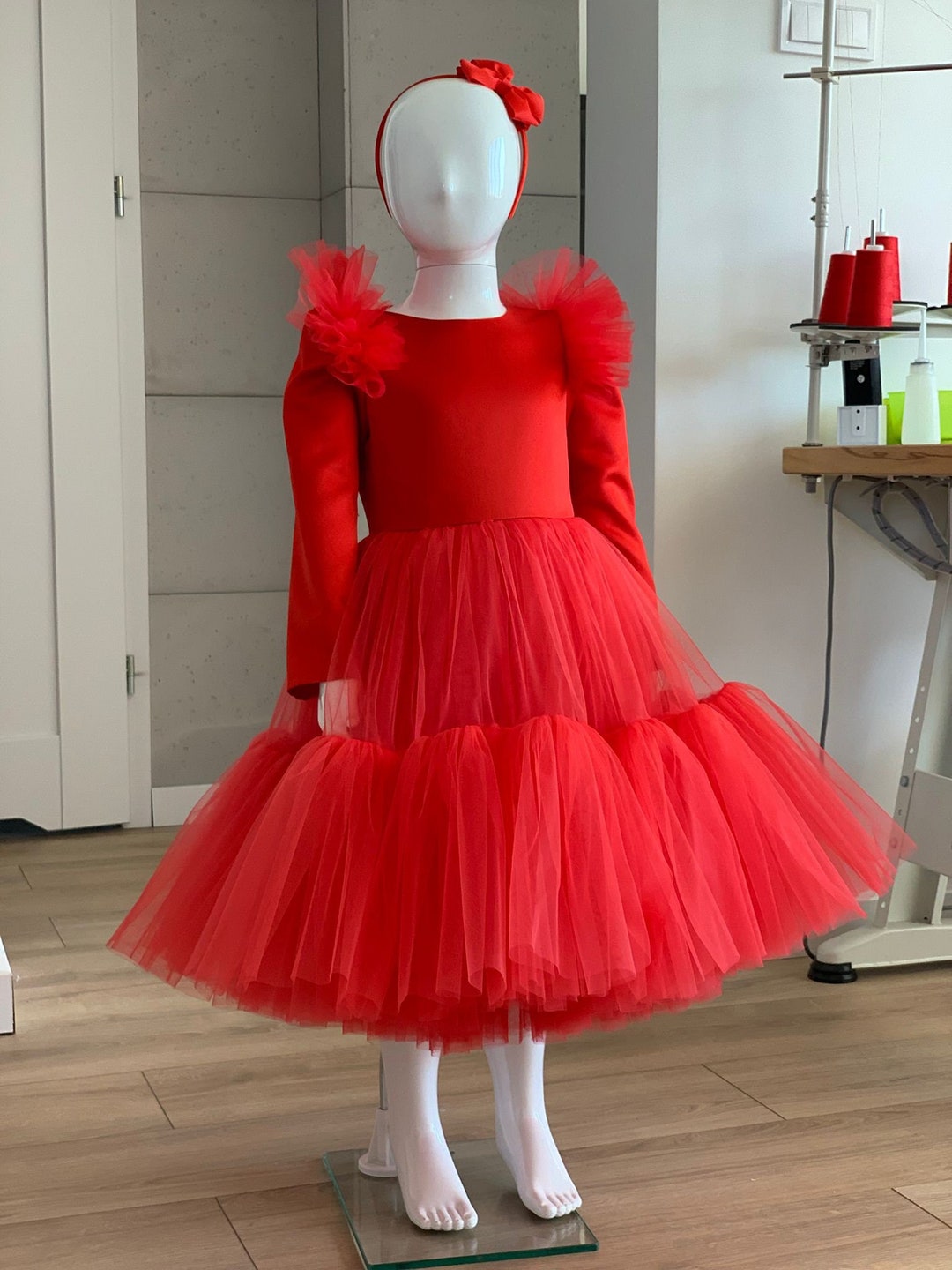 Children's Red Festive Dress, Flower Girl, Handmade From Satin and ...
