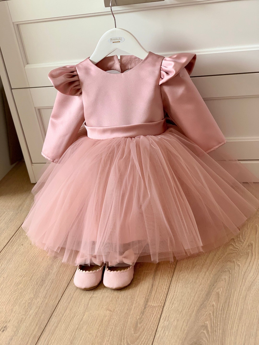 Dusty Rose Flower Girl Tulle Dress With Long Sleeves, Long Sleeved ...