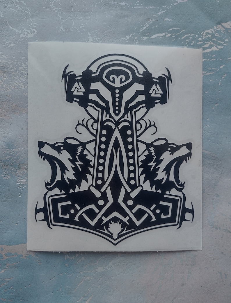 Thor's Hammer Mjolnir With Odin's Wolves Vinyl CAR DECAL Pagan Asatru ...