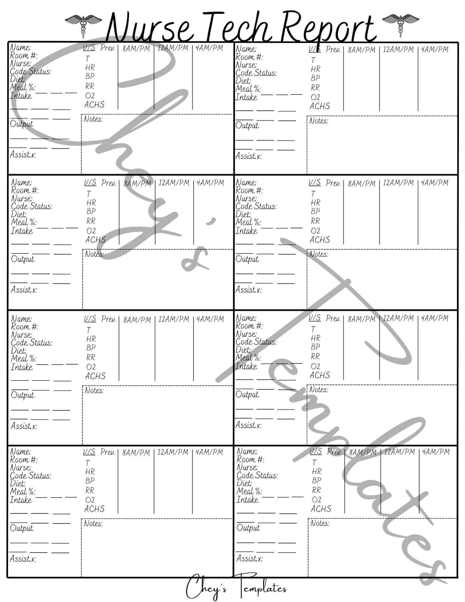 Nurse Tech Report Sheet | Patient Care Template (PDF Download) - Etsy
