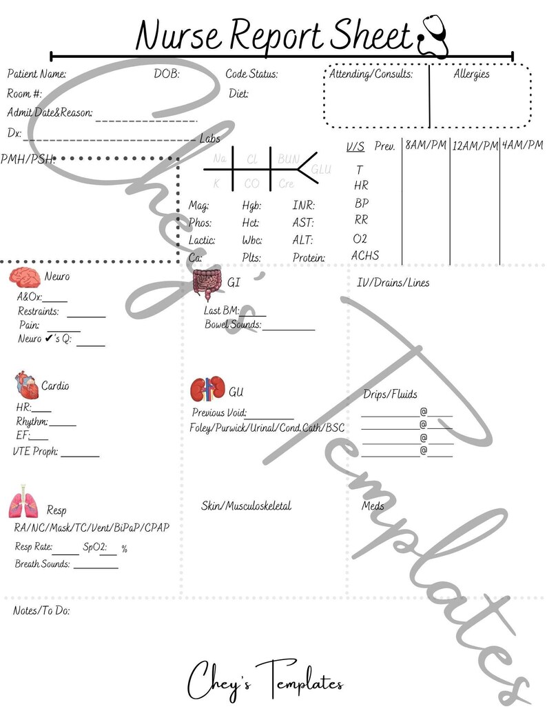 Nurse Brain Sheet | RN Report Sheet | Medsurg Report Sheet | Printable ...