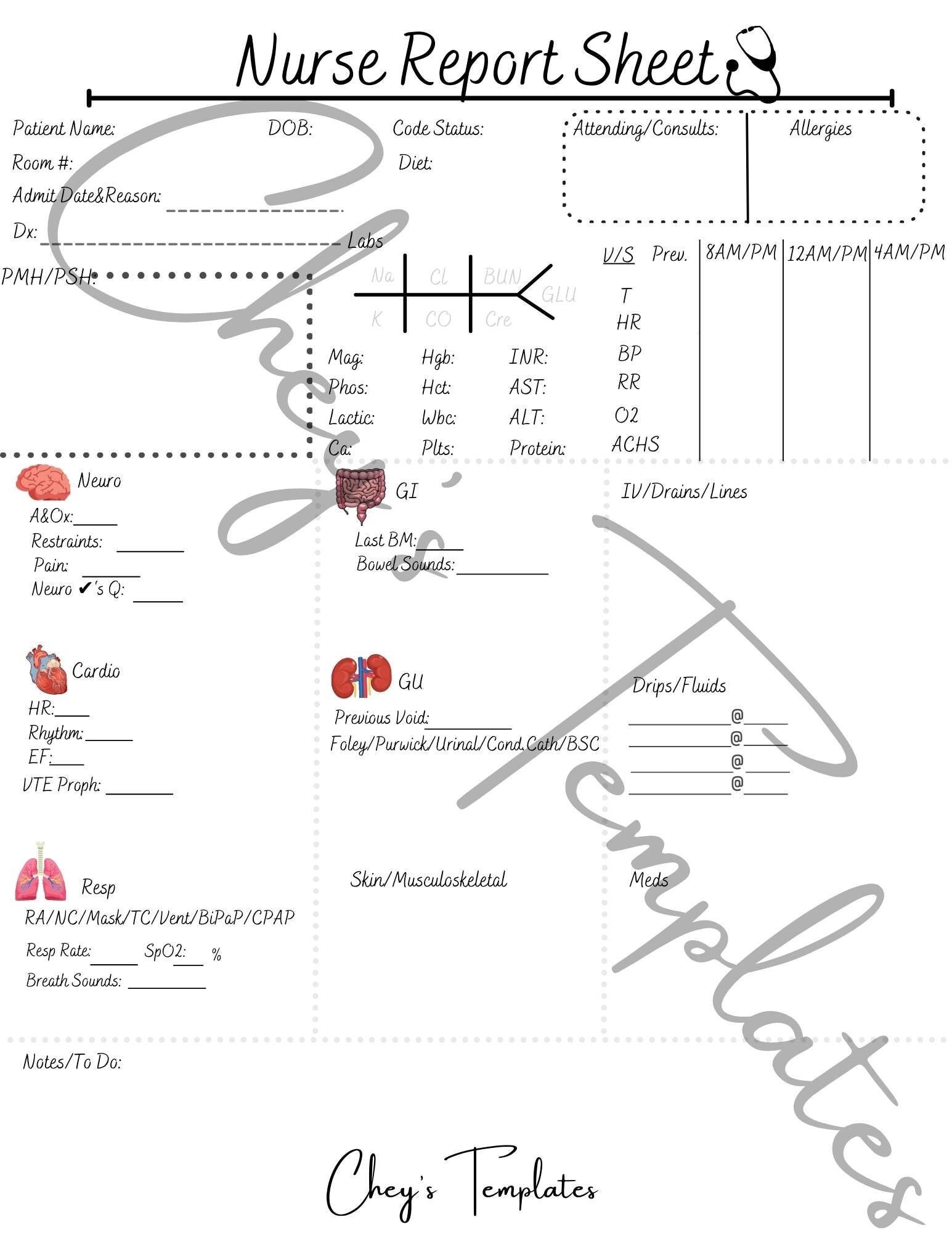RN Nurse Report Sheet | Medsurg Template (PDF Pattern) - Etsy