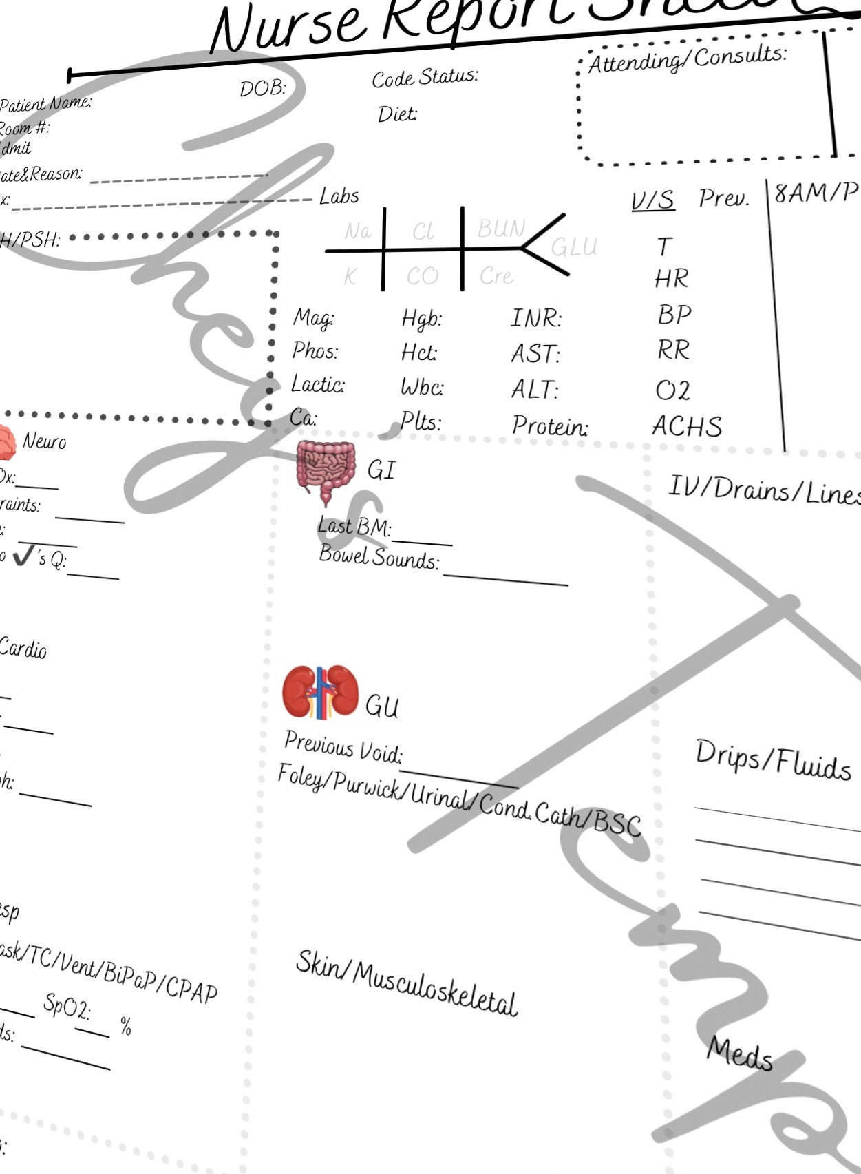RN Nurse Report Sheet | Medsurg Template (PDF Pattern) - Etsy