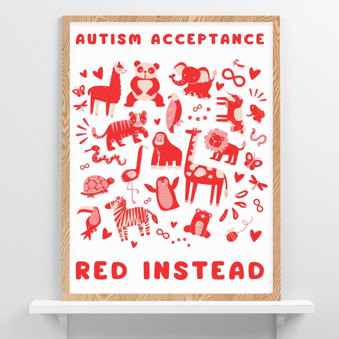 Red Instead Autism Acceptance Poster With Cute Animals, Printable ...