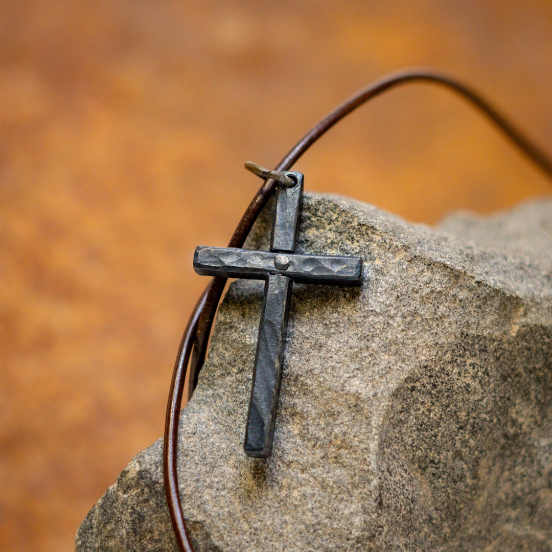 Forged Cross Pendant Leather Cord Necklace Iron Religious Jewerly - Etsy