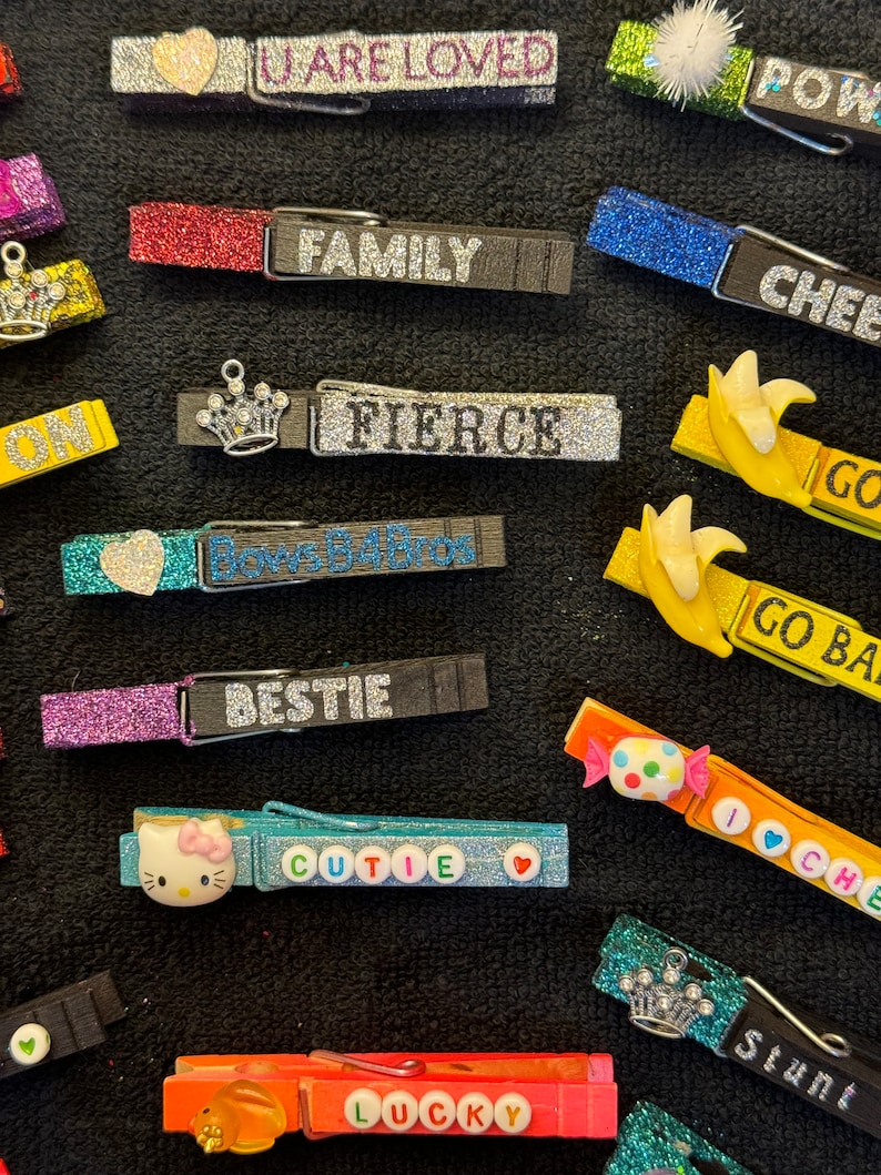 CUSTOM Cheerleading Clothespins Cheer Pins Handmade Glitter Spirit Pins Good Luck Pins Pin Me ...