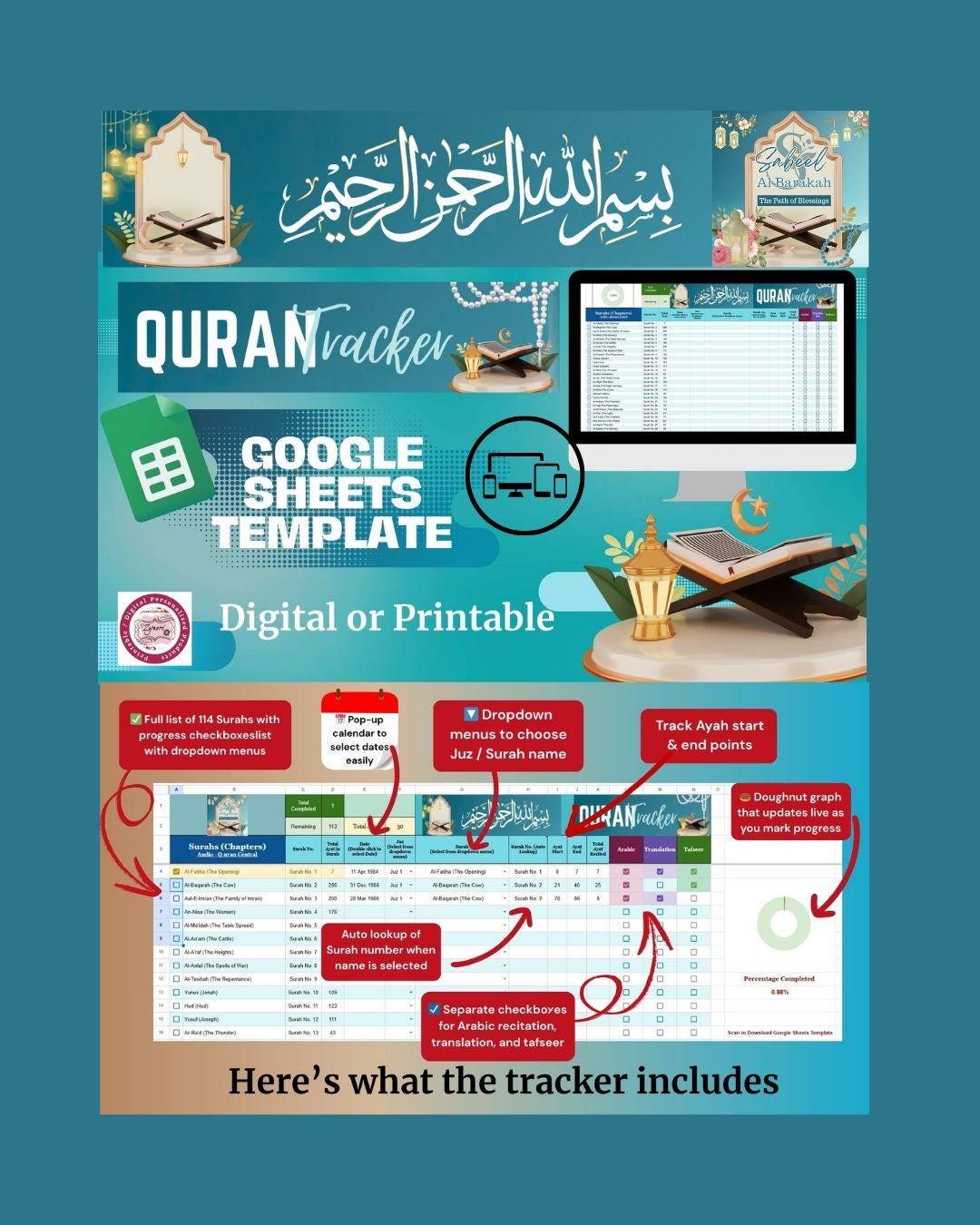Quran Tracker Planner Log Google Sheets Template 114 Surah List Graph ...