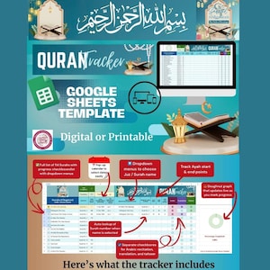 Quran Tracker Planner Log Google Sheets Template 114 Surah List Graph ...