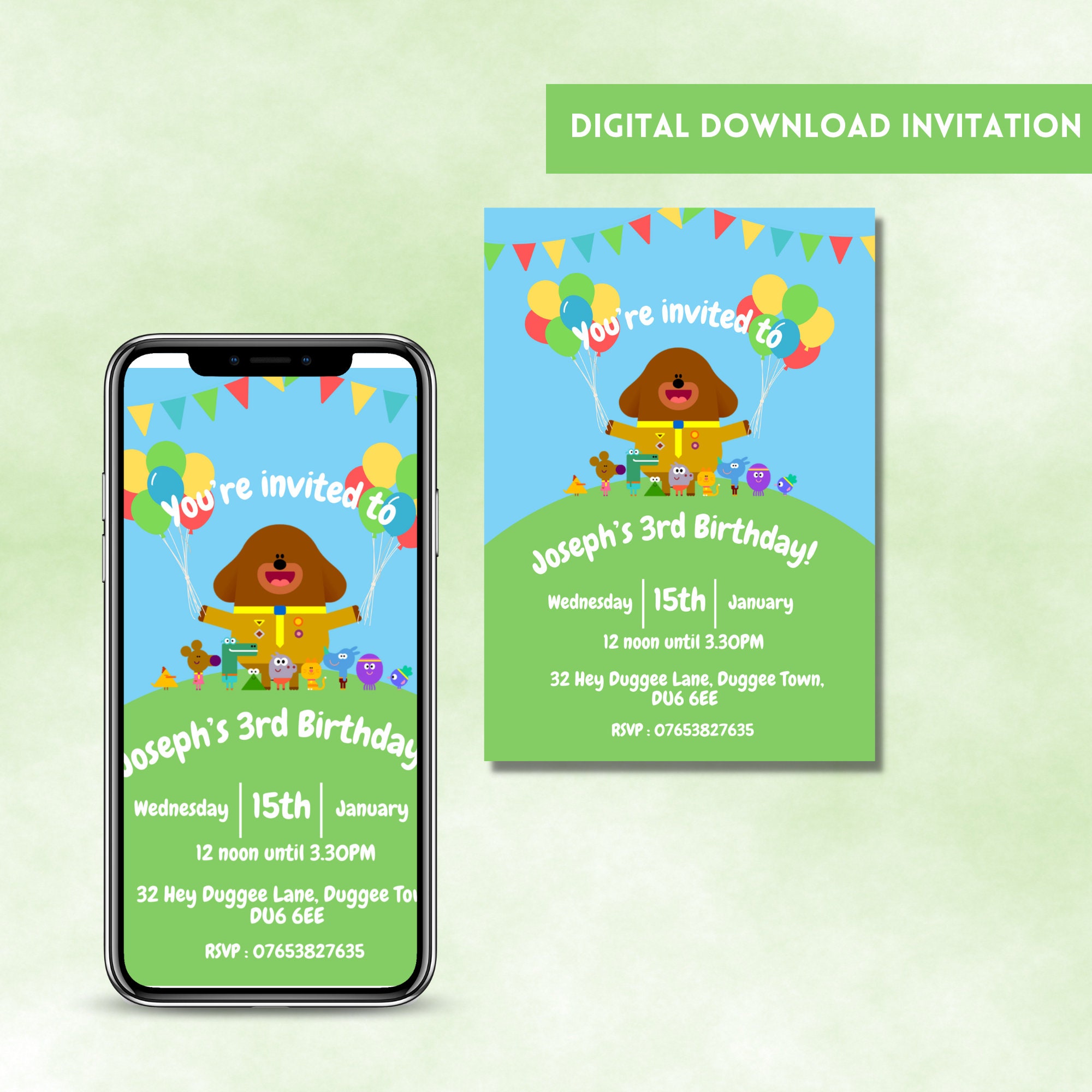 Hey Duggee Digital Download Personalised Invitation | Instant Download ...