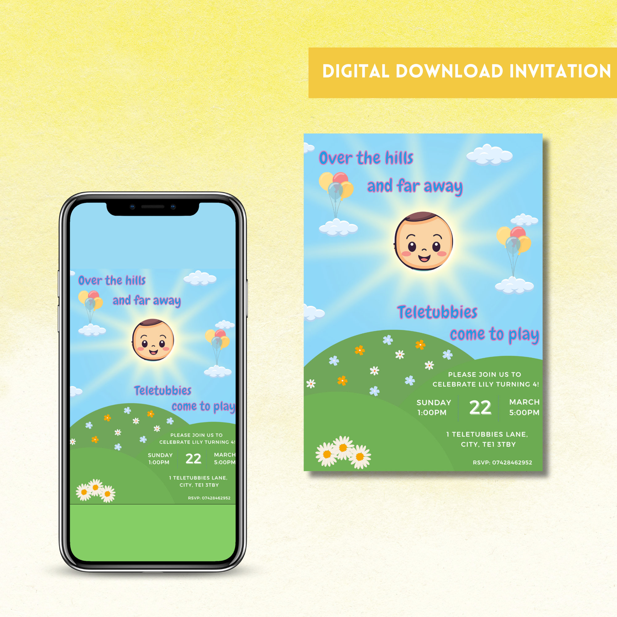 Teletubbies Sun Personalised Photo Birthday Party Invitation | Instant Download | Editable Canva ...