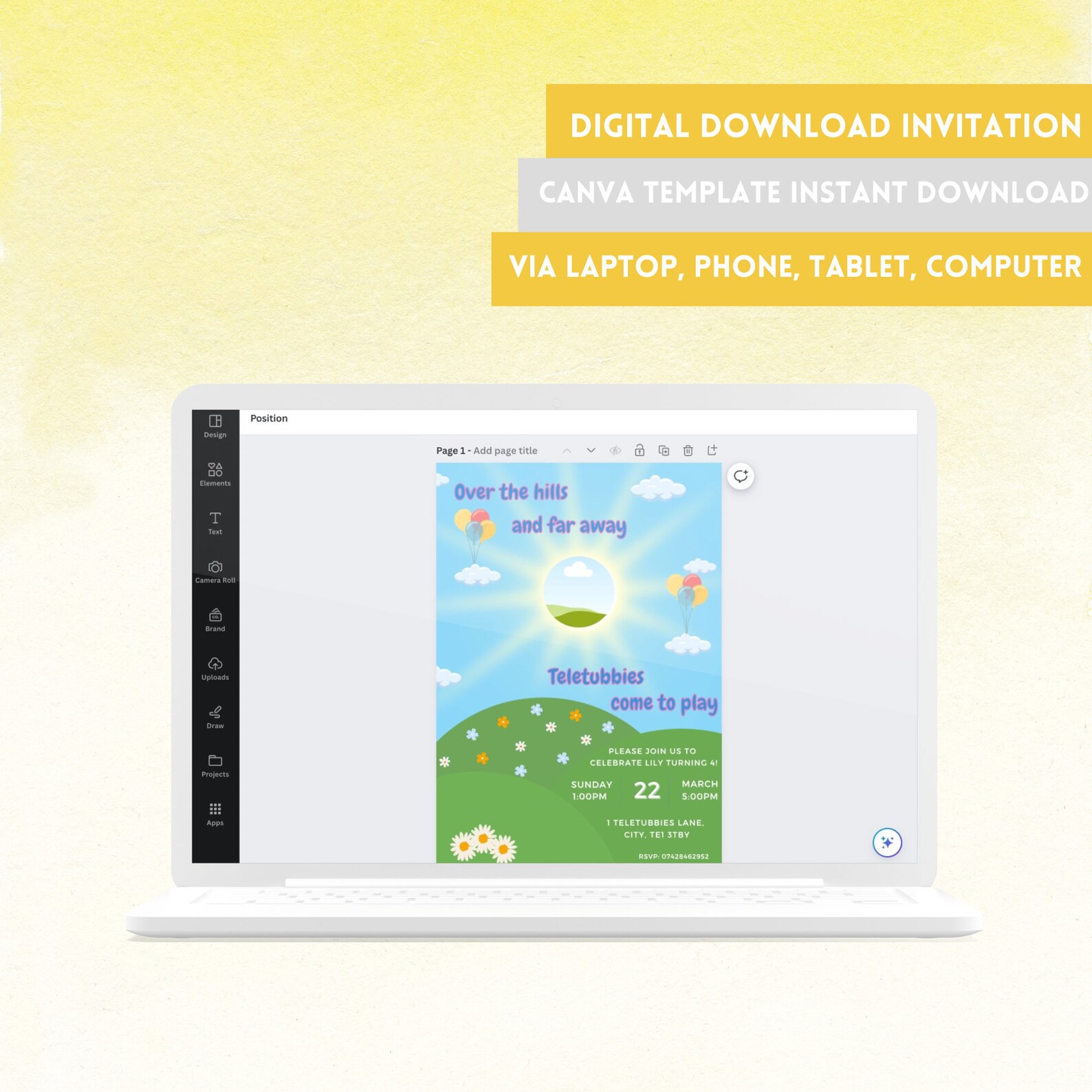 Teletubbies Sun Personalised Photo Birthday Party Invitation | Instant ...
