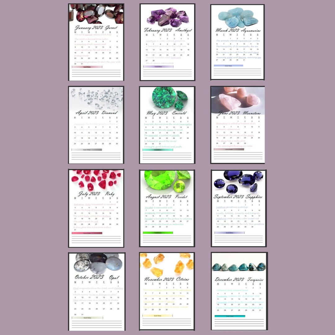 Printable Calendar 2023 Birthstones Gemstones - Etsy