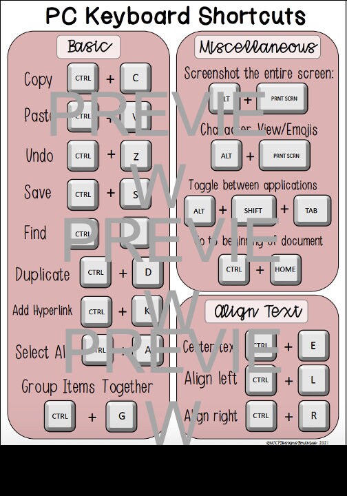 Keyboard Shortcut Reference Sheet (mac & PC) Printable - Etsy