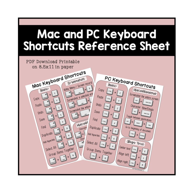 Keyboard Shortcut Reference Sheet (mac & PC) Printable - Etsy