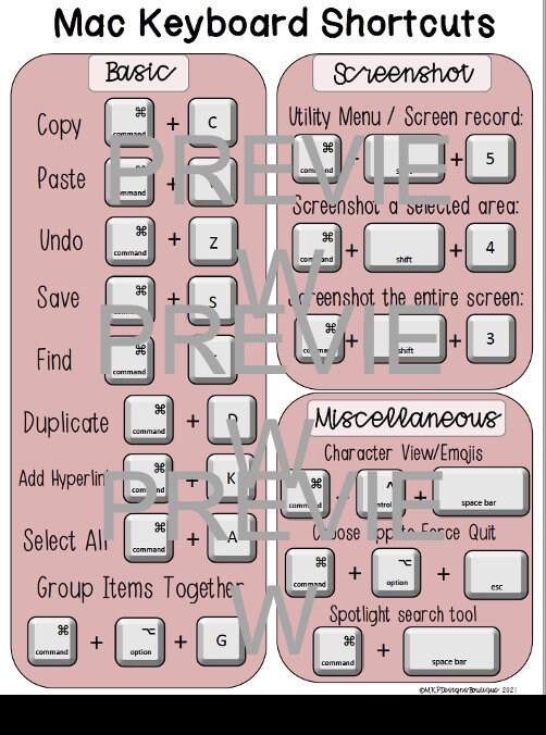 Keyboard Shortcut Reference Sheet (mac & PC) Printable - Etsy