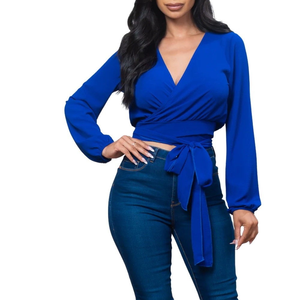 Womens Long Puff Sleeve Bow Tie Crop Top Tie Front V Neck Crop Top