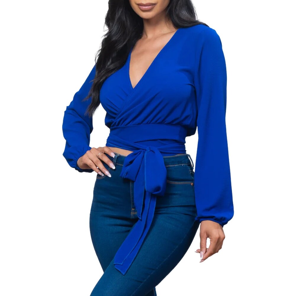 Womens Long Puff Sleeve Bow Tie Crop Top Tie Front V Neck Crop Top