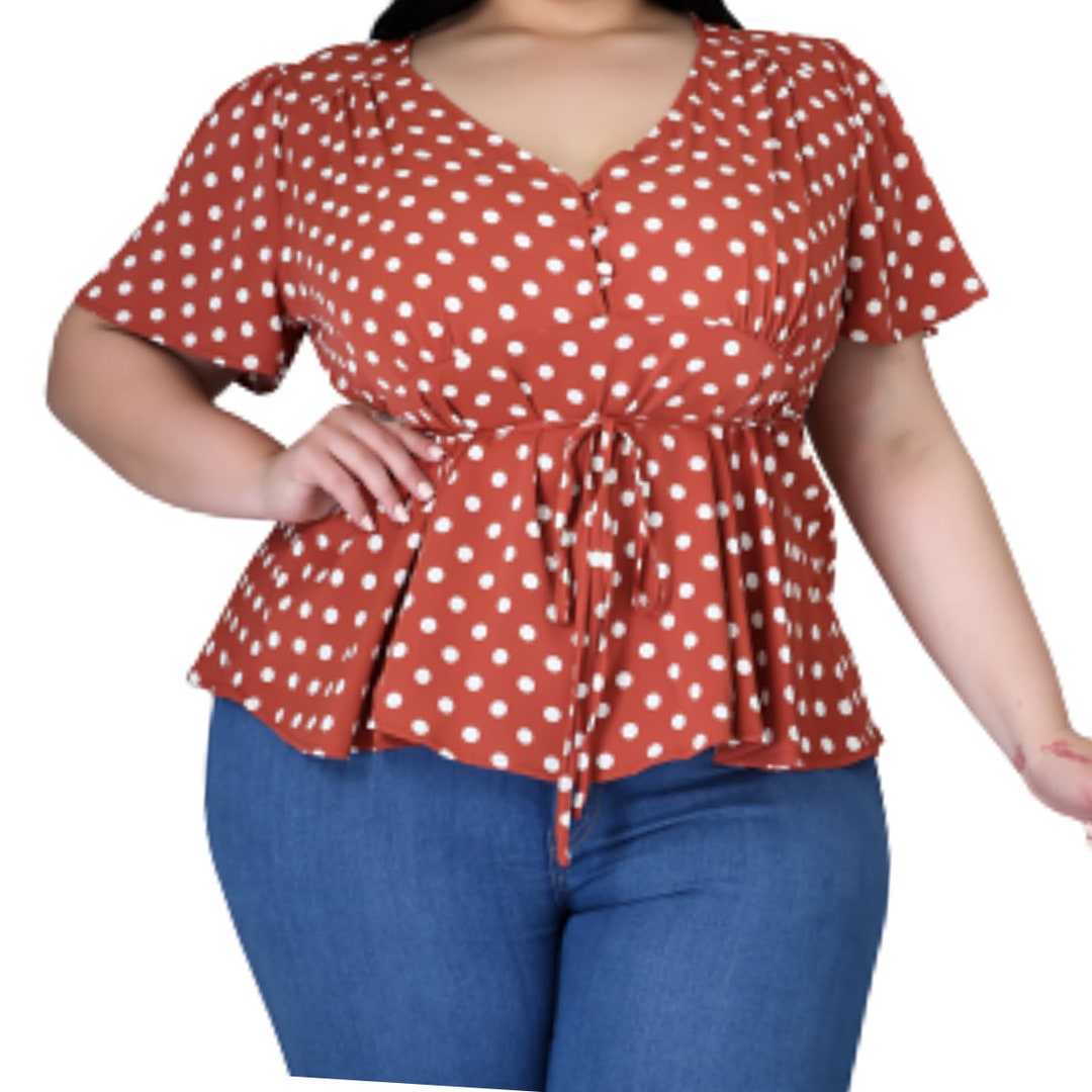 Plus Size Polka Dot Ribbed Tie Waist Peplum Top | Surplice Neck Belted ...