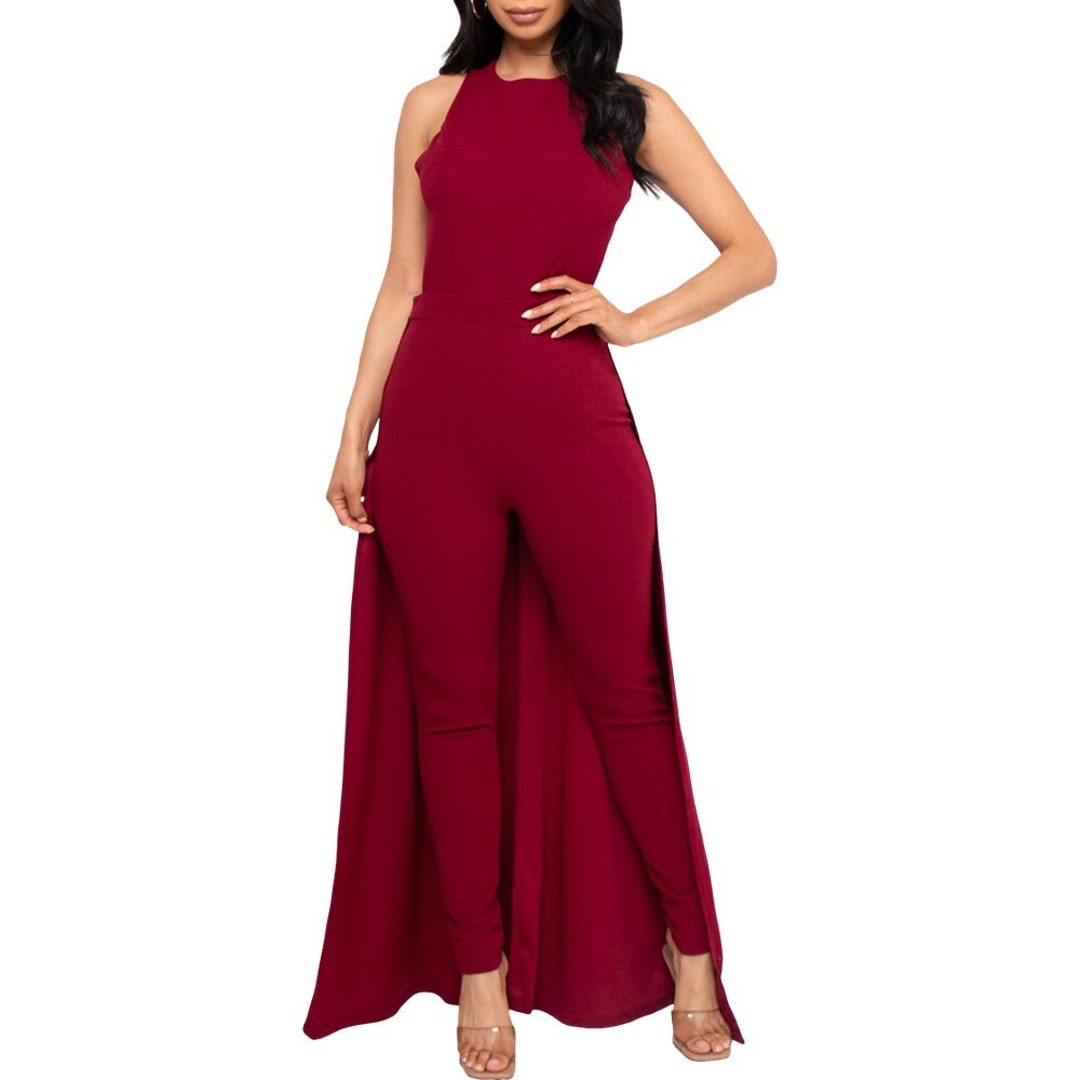 Women's Wine Colored Criss Cross Backless Jumpsuit W/ Cape Skirt | Open ...