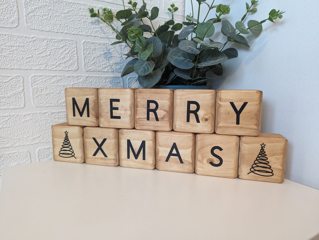 Rustic 'merry Xmas' Wooden Block Set, Christmas Decor - Etsy