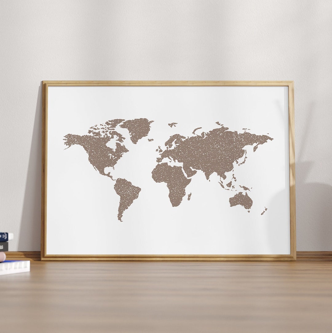 Neutral World Map Wall Art, Tan Colored World Map Poster, Speckled ...