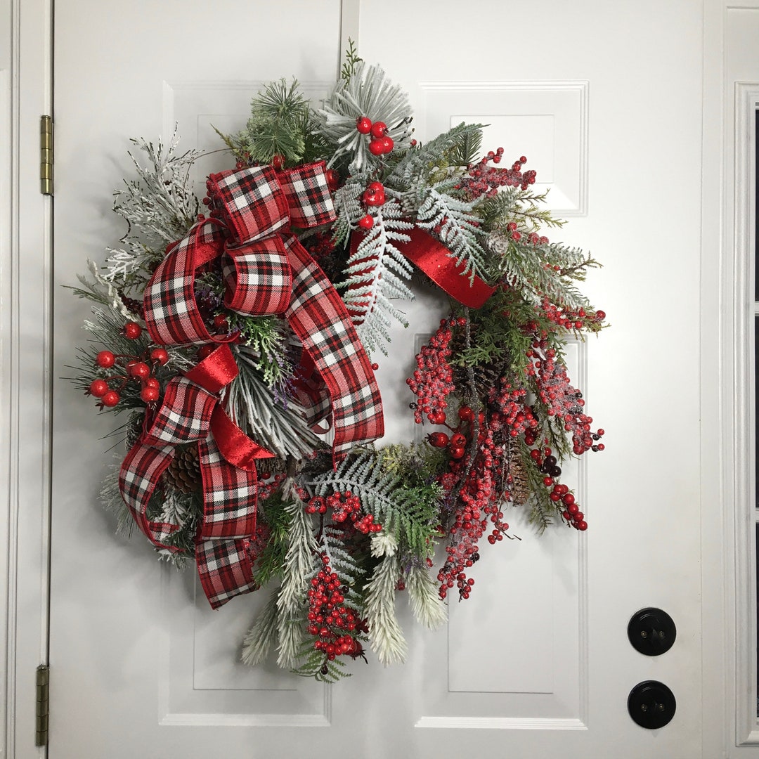 Traditional Red Berry Wreath, Red Plaid Winter Wreath, Traditional ...